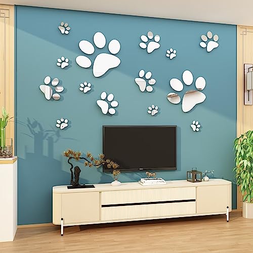 Pet Paw Print Wall Decals - Silver Mirror Acrylic Cat and Dog Footprint Stickers for Home Decor, Living Room, Bedroom, Kids' Room, Pet Stores, and Veterinary Clinics - Pet Lover Gift