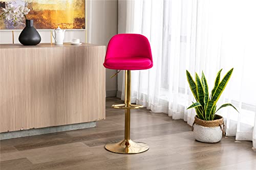 QQU Modern Bar Stools 360°Swivel Velvet Adjustable Counter Bar Stool with Arm, Back and Footrest Modern Upholstered, Barstools for Kitchen Island, Cafe, Pub, Bar Counter (Rose Red)