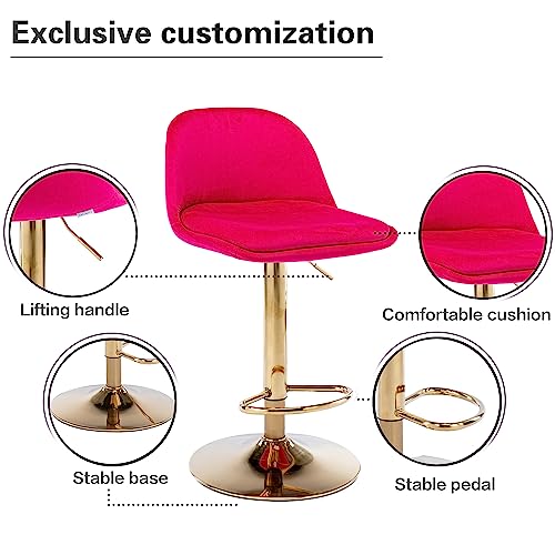 QQU Modern Bar Stools 360°Swivel Velvet Adjustable Counter Bar Stool with Arm, Back and Footrest Modern Upholstered, Barstools for Kitchen Island, Cafe, Pub, Bar Counter (Rose Red)