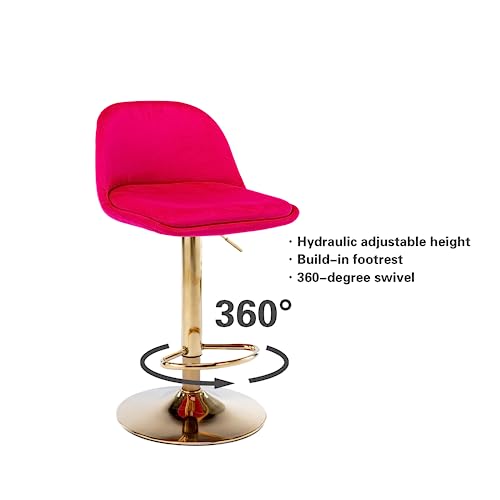 QQU Modern Bar Stools 360°Swivel Velvet Adjustable Counter Bar Stool with Arm, Back and Footrest Modern Upholstered, Barstools for Kitchen Island, Cafe, Pub, Bar Counter (Rose Red)