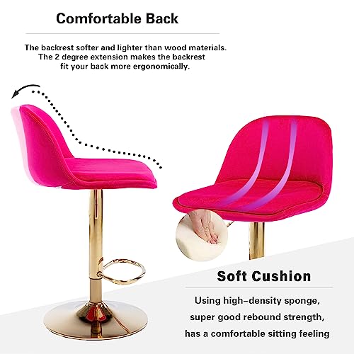 QQU Modern Bar Stools 360°Swivel Velvet Adjustable Counter Bar Stool with Arm, Back and Footrest Modern Upholstered, Barstools for Kitchen Island, Cafe, Pub, Bar Counter (Rose Red)