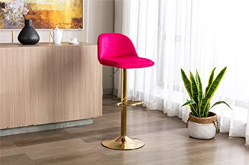 QQU Modern Bar Stools 360°Swivel Velvet Adjustable Counter Bar Stool with Arm, Back and Footrest Modern Upholstered, Barstools for Kitchen Island, Cafe, Pub, Bar Counter (Rose Red)