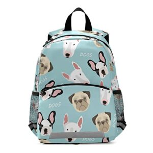 alaza cute dog print pug bulldog bull terrier kids toddler backpack purse for girls boys kindergarten preschool school bag w/chest clip leash reflective strip