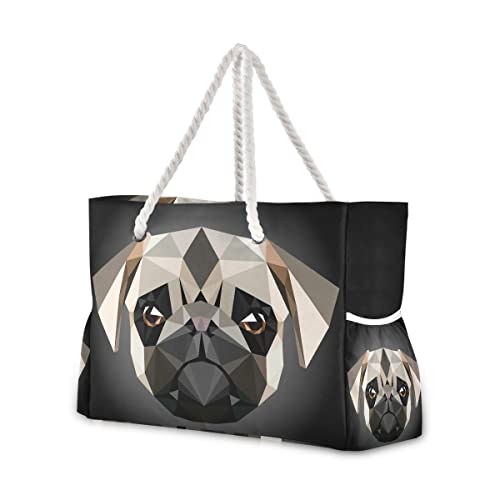 ALAZA Cute Pug Dog Face Animal Print Fun Large Beach Bag For Women Tote Bags Reusable Grocery Shoulder Bag with Zipper Closure Pocket