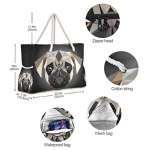 ALAZA Cute Pug Dog Face Animal Print Fun Large Beach Bag For Women Tote Bags Reusable Grocery Shoulder Bag with Zipper Closure Pocket