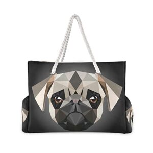 ALAZA Cute Pug Dog Face Animal Print Fun Large Beach Bag For Women Tote Bags Reusable Grocery Shoulder Bag with Zipper Closure Pocket