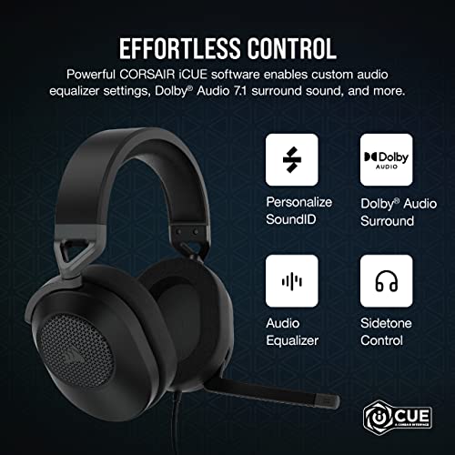 Corsair HS65 SURROUND Gaming Headset (Leatherette Memory Foam Ear Pads, Dolby Audio 7.1 Surround Sound on PC and Mac, SonarWorks SoundID Technology, Multi-Platform Compatibility) Carbon