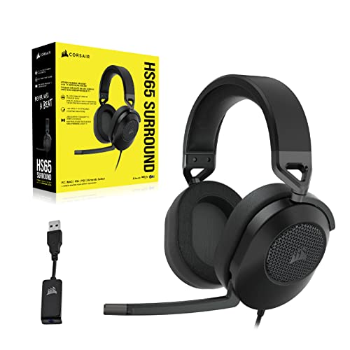 Corsair HS65 SURROUND Gaming Headset (Leatherette Memory Foam Ear Pads, Dolby Audio 7.1 Surround Sound on PC and Mac, SonarWorks SoundID Technology, Multi-Platform Compatibility) Carbon