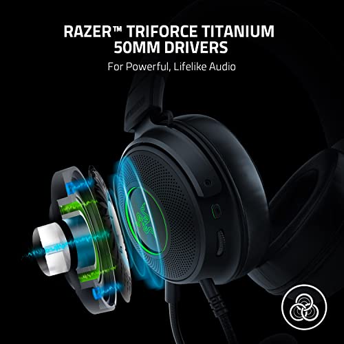 Razer Kraken V3 Wired USB Gaming Headset: Triforce Titanium 50mm Drivers - THX Spatial Audio - Chroma RGB Lighting - Hybrid Fabric & Leatherette Memory Foam Cushions - Detachable HyperClear Mic