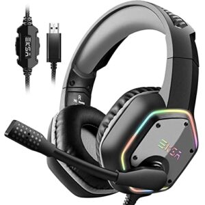 eksa e1000 usb gaming headset for pc, computer headphones with microphone/mic noise cancelling, 7.1 surround sound, rgb light - wired headphones for ps4, ps5 console, laptop, call center