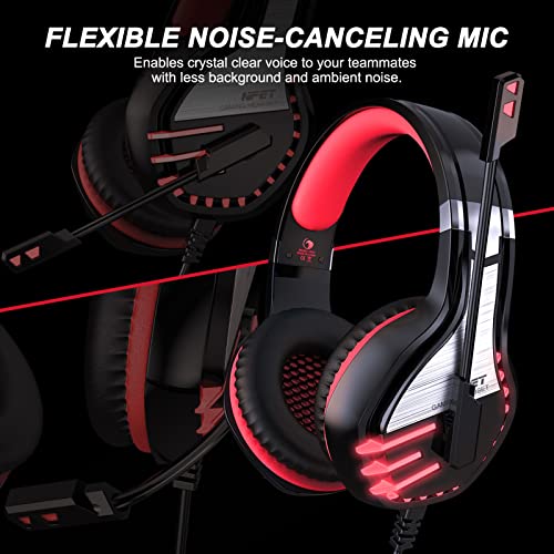 NPET HS10 Stereo Gaming Headset for PS4 PC Xbox One PS5 Controller, Noise Cancelling Over Ear Headphones with Mic,LED Light, Bass Surround, Soft Memory Earmuffs for Laptop Mac Nintendo NES Games Red