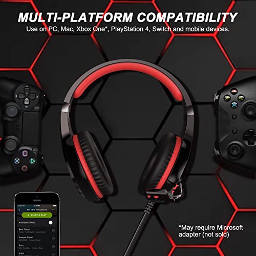 NPET HS10 Stereo Gaming Headset for PS4 PC Xbox One PS5 Controller, Noise Cancelling Over Ear Headphones with Mic,LED Light, Bass Surround, Soft Memory Earmuffs for Laptop Mac Nintendo NES Games Red