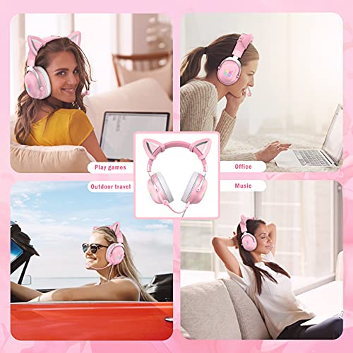 HOLULU Surround Sound Headphones with 3.5mm & USB C Plug, Compatible with PC Mobile Phones Tablet, PS5 PS4 Xbox One(Adapter Not Included) Gaming Headset with Detachable Cat Ears, RGB, Removable Mic…