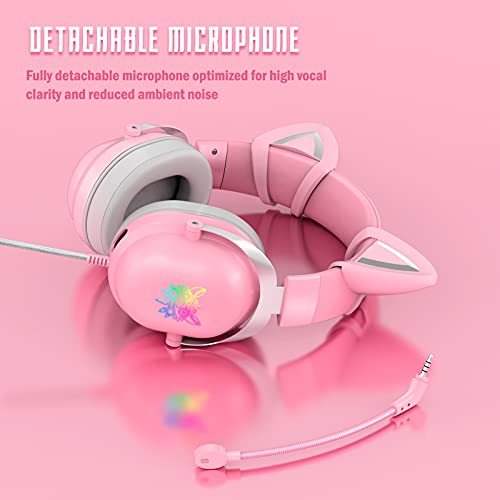 HOLULU Surround Sound Headphones with 3.5mm & USB C Plug, Compatible with PC Mobile Phones Tablet, PS5 PS4 Xbox One(Adapter Not Included) Gaming Headset with Detachable Cat Ears, RGB, Removable Mic…