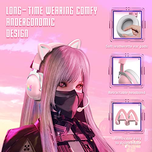 HOLULU Surround Sound Headphones with 3.5mm & USB C Plug, Compatible with PC Mobile Phones Tablet, PS5 PS4 Xbox One(Adapter Not Included) Gaming Headset with Detachable Cat Ears, RGB, Removable Mic…