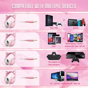 HOLULU Surround Sound Headphones with 3.5mm & USB C Plug, Compatible with PC Mobile Phones Tablet, PS5 PS4 Xbox One(Adapter Not Included) Gaming Headset with Detachable Cat Ears, RGB, Removable Mic…