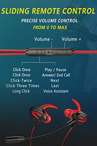 KASOTT Gaming Earbuds with mic Deep Bass Earphones in-Ear Headset Stereo Headphone with Detachable Dual Microphone for Mobile Gaming, Xbox One, PS4, Pro, PC (Red)