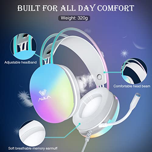 AULA USB Gaming Headset with Mic for PC, RGB Rainbow Backlit Headset, Virtual 7.1 Surround Sound, 50mm Driver, Soft Memory Earmuffs, Wired Laptop Desktop Computer Headset, Green, S505