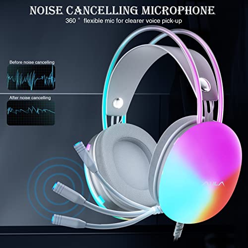 AULA USB Gaming Headset with Mic for PC, RGB Rainbow Backlit Headset, Virtual 7.1 Surround Sound, 50mm Driver, Soft Memory Earmuffs, Wired Laptop Desktop Computer Headset, Green, S505