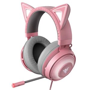 razer kraken kitty rgb usb gaming headset: thx 7.1 spatial surround sound - chroma rgb lighting - retractable active noise cancelling mic - lightweight aluminum frame - for pc - quartz pink