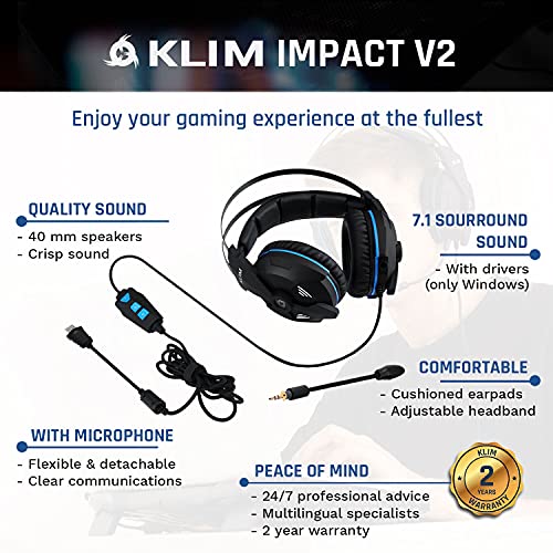 KLIM Impact - USB Gaming Headset - 7.1 Surround Sound + Noise Cancelling - High Definition Audio + Strong Bass - Video Games Headphones Audifonos with Microphone for PC Gamer PS4 - Noise Cancelling