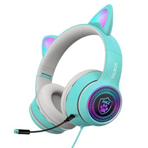 vigros cat ear gaming headphones wired aux 3.5mm led light, noise canceling game headphones stereo foldable over-ear headsets with microphone fit girls, kids for pc, ps4, switch, xbox, mobile, laptop