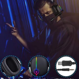 Gaming Headset Headphones with Microphone for Nintendo Switch Xbox One PS4, 4 Speaker Drivers Wired Headset with RGB Light, Noise Canceling Bass Surround Soft Memory Earmuffs for PC Controller PS5