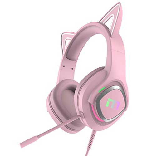 Cute Cat Ear Headset with Mic, Colorful Light, Adjustable Headband, 50mm Speaker, Girls Headphone, Compatible with PS, Xbox One, Nintendo Switch, PC, Laptop (Pink)