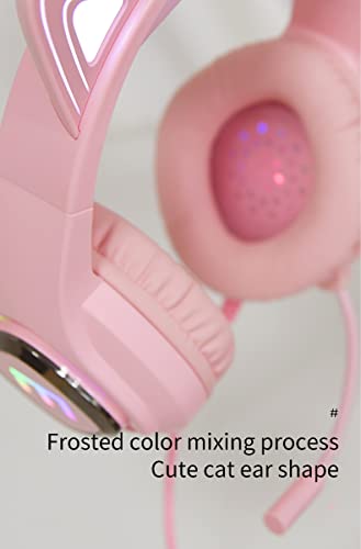 Cute Cat Ear Headset with Mic, Colorful Light, Adjustable Headband, 50mm Speaker, Girls Headphone, Compatible with PS, Xbox One, Nintendo Switch, PC, Laptop (Pink)