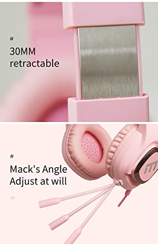 Cute Cat Ear Headset with Mic, Colorful Light, Adjustable Headband, 50mm Speaker, Girls Headphone, Compatible with PS, Xbox One, Nintendo Switch, PC, Laptop (Pink)