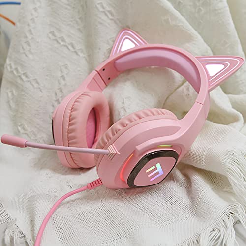 Cute Cat Ear Headset with Mic, Colorful Light, Adjustable Headband, 50mm Speaker, Girls Headphone, Compatible with PS, Xbox One, Nintendo Switch, PC, Laptop (Pink)