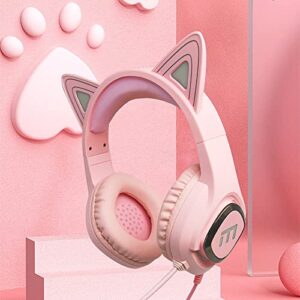 Cute Cat Ear Headset with Mic, Colorful Light, Adjustable Headband, 50mm Speaker, Girls Headphone, Compatible with PS, Xbox One, Nintendo Switch, PC, Laptop (Pink)