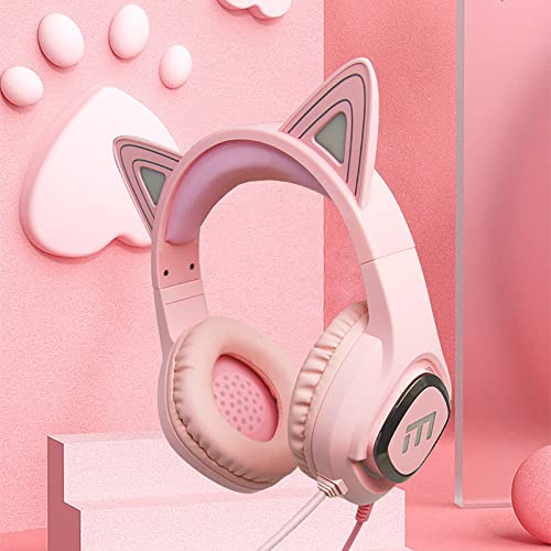 Cute Cat Ear Headset with Mic, Colorful Light, Adjustable Headband, 50mm Speaker, Girls Headphone, Compatible with PS, Xbox One, Nintendo Switch, PC, Laptop (Pink)