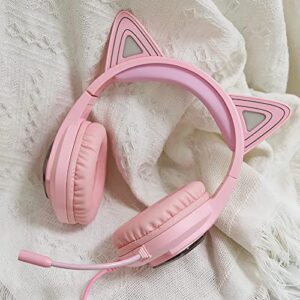 Cute Cat Ear Headset with Mic, Colorful Light, Adjustable Headband, 50mm Speaker, Girls Headphone, Compatible with PS, Xbox One, Nintendo Switch, PC, Laptop (Pink)