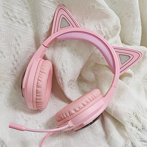 Cute Cat Ear Headset with Mic, Colorful Light, Adjustable Headband, 50mm Speaker, Girls Headphone, Compatible with PS, Xbox One, Nintendo Switch, PC, Laptop (Pink)