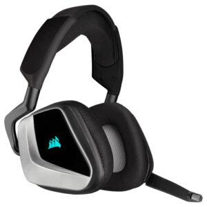 corsair void rgb elite wireless premium gaming headset with 7.1 surround sound, silver edition (microfiber mesh fabric, omnidirectional microphone, up to 40ft of range, on-ear controls, rgb lighting)