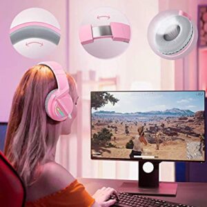 Pink game headset CM6000, suitable for PC, PS4, PS5, Xbox One, Nintendo Switch, PS4 headset with crystal noise reduction microphone and LED light, 7.1 stereo surround sound game headset