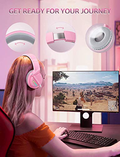 Pink game headset CM6000, suitable for PC, PS4, PS5, Xbox One, Nintendo Switch, PS4 headset with crystal noise reduction microphone and LED light, 7.1 stereo surround sound game headset