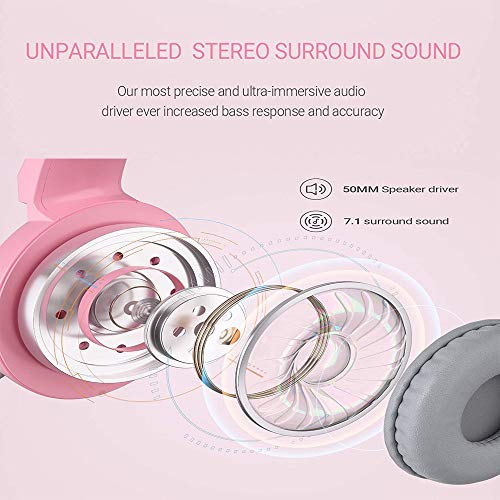 Pink game headset CM6000, suitable for PC, PS4, PS5, Xbox One, Nintendo Switch, PS4 headset with crystal noise reduction microphone and LED light, 7.1 stereo surround sound game headset