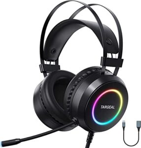 targeal usb headset with microphone for pc, ps5, ps4, switch, laptop, tablet, mobile phone - 7.1 surround sound wired gamer headphone with noise canceling mic - 4 modes rgb