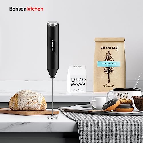 Bonsenkitchen Milk Frother Handheld, Electric Milk Foam Maker with Stainless Steel Whisk, Hand Drink Mixer for Coffee, Lattes, Cappuccino, Matcha, Battery Operated, Electric Stirrer Coffee Mixer Wand