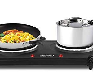 Elite Gourmet EDB-302BF Countertop Double Cast Iron Burner, 1500 Watts Electric Hot Plate, Temperature Controls, Power Indicator Lights, Easy to Clean, Black