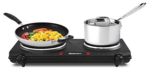 Elite Gourmet EDB-302BF Countertop Double Cast Iron Burner, 1500 Watts Electric Hot Plate, Temperature Controls, Power Indicator Lights, Easy to Clean, Black