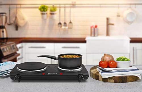 Elite Gourmet EDB-302BF Countertop Double Cast Iron Burner, 1500 Watts Electric Hot Plate, Temperature Controls, Power Indicator Lights, Easy to Clean, Black