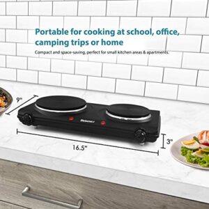 Elite Gourmet EDB-302BF Countertop Double Cast Iron Burner, 1500 Watts Electric Hot Plate, Temperature Controls, Power Indicator Lights, Easy to Clean, Black