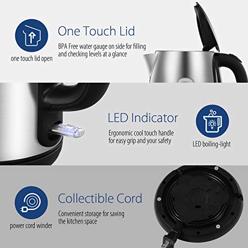 COMFEE' Stainless Steel Cordless Electric Kettle. 1500W Fast Boil with LED Light, Auto Shut-Off and Boil-Dry Protection. 1.7 Liter