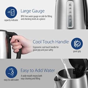 COMFEE' Stainless Steel Cordless Electric Kettle. 1500W Fast Boil with LED Light, Auto Shut-Off and Boil-Dry Protection. 1.7 Liter