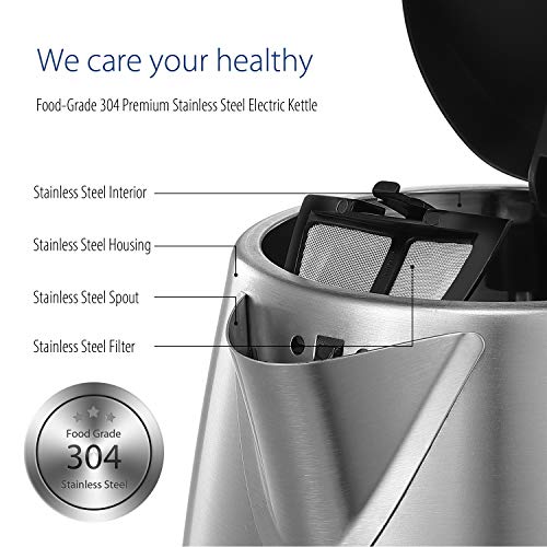 COMFEE' Stainless Steel Cordless Electric Kettle. 1500W Fast Boil with LED Light, Auto Shut-Off and Boil-Dry Protection. 1.7 Liter