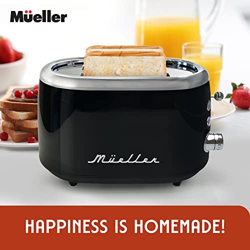 Mueller Retro Toaster 2 Slice with 7 Browning Levels and 3 Functions: Reheat, Defrost & Cancel, Stainless Steel Features, Removable Crumb Tray, Under Base Cord Storage, Black