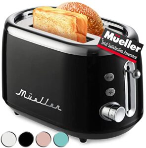 mueller retro toaster 2 slice with 7 browning levels and 3 functions: reheat, defrost & cancel, stainless steel features, removable crumb tray, under base cord storage, black